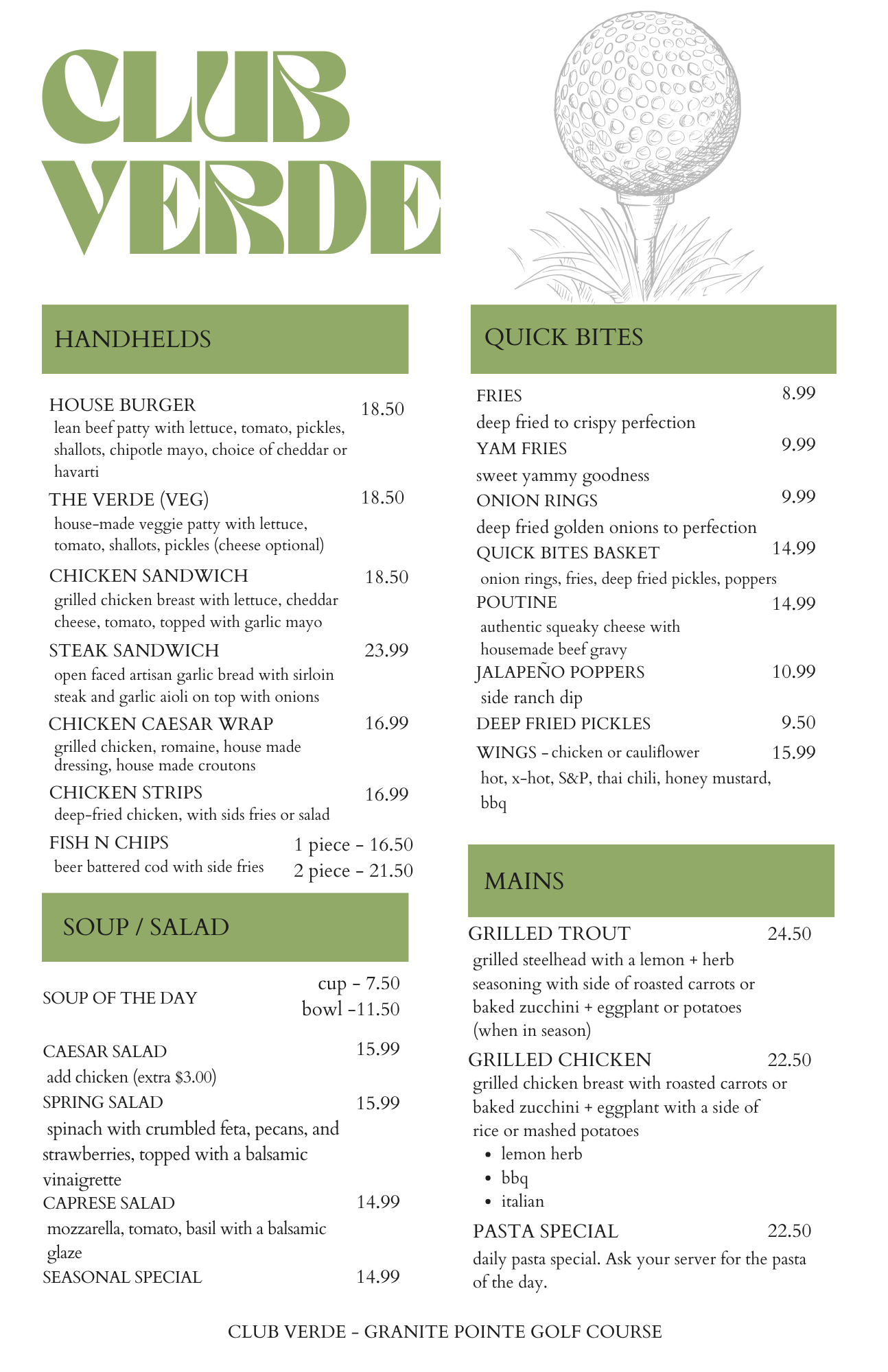 Club Verde - Menu and Daily Specials - Granite Pointe Golf Club